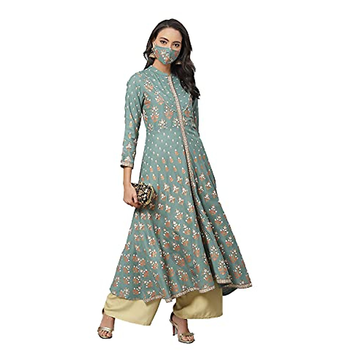 Yash Gallery Rayon Floral Printed Anarkali Kurtis for Women Indian Style Green