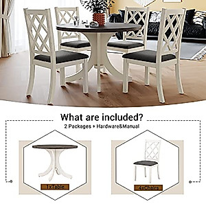 Dinehome Kitchen 5-Piece Solid Wood Round Dining Table Set with 4 Upholstered Chairs for Small Places, Brown+Gray