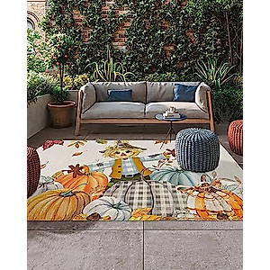 Outdoor Rug 4' x 6', Fall Scarecrow Large Area Rugs for Patio/RV/Deck/Porch/Indoors, Thanksgiving Pumpkin Autumn Leaves Water Absorption Camping Rug Carpet, Lightweight Washable Rug Runners