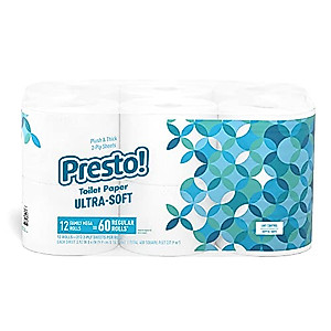 Amazon Brand - Presto! 313 2-Ply Sheet Mega Roll Toilet Paper, Unscented, Ultra-Soft, 12 Rolls (2 Packs of 6), Equivalent to 60 Regular Rolls, White