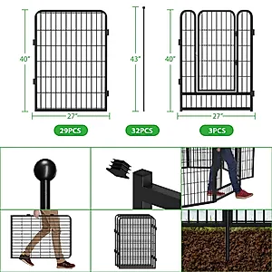Decorative Garden Fence 32 Pack Black Metal Fence Panels 40in(H) x72ft(L) Temporary Fencing for Yard, Patio, Outdoor, Landscape, Flower Bed Animal Barrier Border for Dog