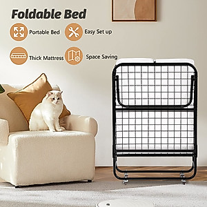 Folding Guest Bed with Wheels Guest Beds Portable Beds Extra Roll Away Foldaway 3.9 Inch Comfort Foam Mattress Strong Sturdy Frame Heavy Duty L75*W30*H12 Inches，White