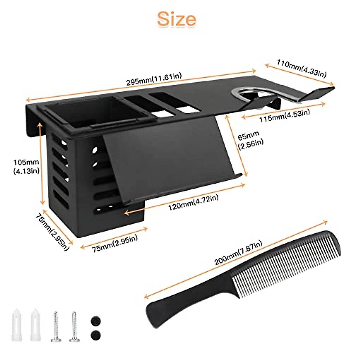 Blow Dryer and Straightener Holder, Yimerlen Hair Holder Wall Mounted Tools Organizer, Bathroom Ultifunctional Straighteners (with Mobile Phone Holder, Black)