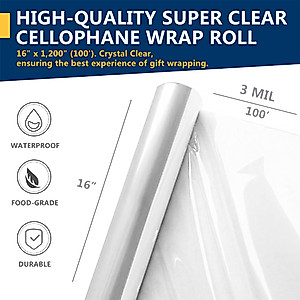 PerkHomy Clear Cellophane Wrap Roll 16" x 100' 3 Mil Thick Cellophane For Gift Basket Treats Goodie Wrapping Craft Flower Bouquet Plastic (Clear, 100ft (16in Width))