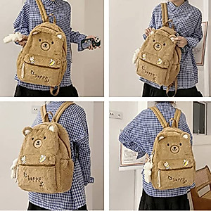 Kawaii Backpack for Girls Cute Fluffy Bear Japanese Style Rucksack (Coffee)