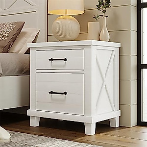 Polibi Rustic Nightstand with 2 Storage Drawers, Farmouhouse Solid Wood Storage End Table, Side Table for Bedroom, Living Room, White