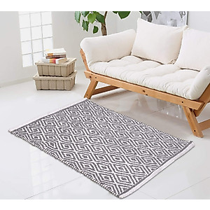 THE BEER VALLEY Cotton Diamond Rug 21x34 Inches - Grey, Reversible Machine Washable Accent Rugs for Bedroom, Kitchen, Entryway, Bathroom