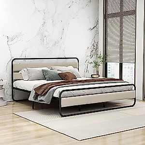 Tuconia Metal Platform King Size Bed Frame with Upholstered Headboard No Noise Easy Assembly Beige Linen
