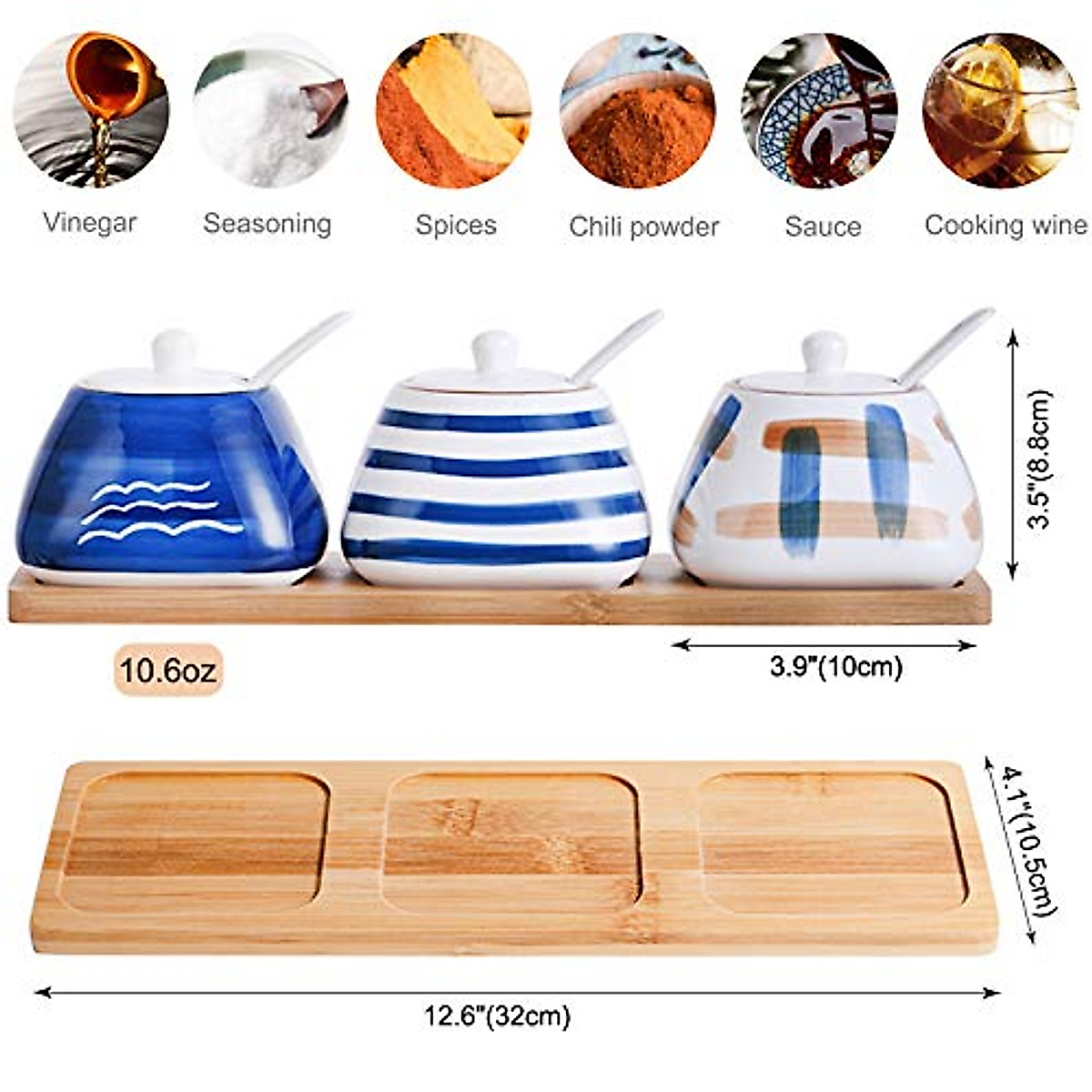 DGVR Porcelain Condiment Jar Spice Container with set of 3 Ceramic Condiment Pot Seasoning Box with Ceramic Serving Spoon and Lid - Bamboo Tray Porcelain Sugar Bowl for Home Kitchen 300ml (10.6oz) 1