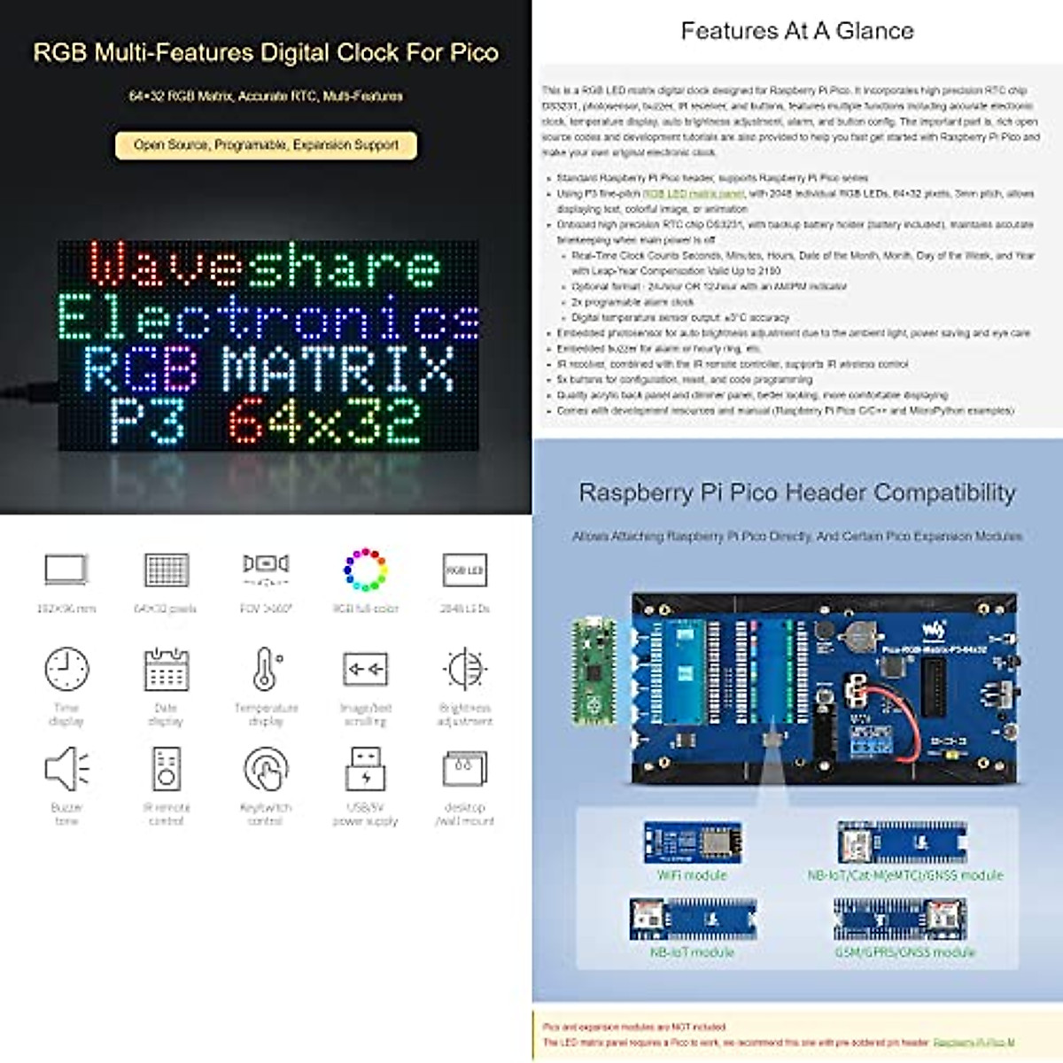 Waveshare RGB Full-Color Multi-Features Digital Clock for Raspberry Pi Pico 64×32 RGB Matrix Accurate RTC