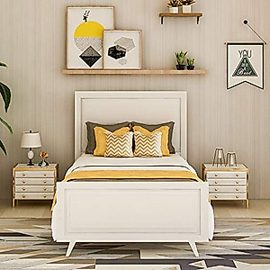 HomJoones Wood Platform Bed Twin Bed Frame Mattress Foundation Sleigh Bed with Headboard/Footboard/Wood Slat Support,Twin (White)
