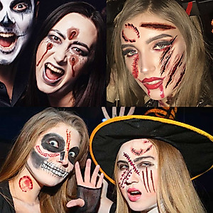 Yezunir 88+ Styles 18 Sheets 3D Halloween Temporary Tattoos For Kids Realistic Spider Web Bat Witch Pumpkin Fake Scars Tattoos Sticker Zombie Halloween Makeup Kit Women Men Adults Face Stitches Wound