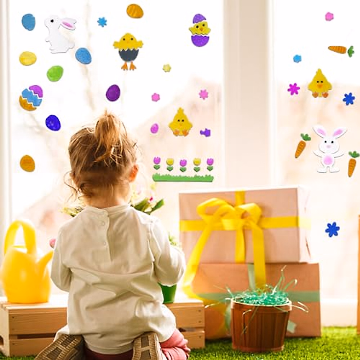 4Pcs Easter Window Clings for Glass Windows, Easter Decorative Gel Window Clings for Kids, Colorful Printed Easter Stickers with Bunny Carrot Egg Chick Flowers Clear Stickers, Removable Holiday Decals