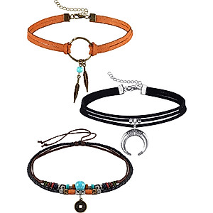Hicarer 3 Pieces Suede Choker Necklaces American Indian Feather Handmade Necklaces Adjustable Leather Turquoise Choker Necklace Moon Crescent Pendant Choker for Women Accessories