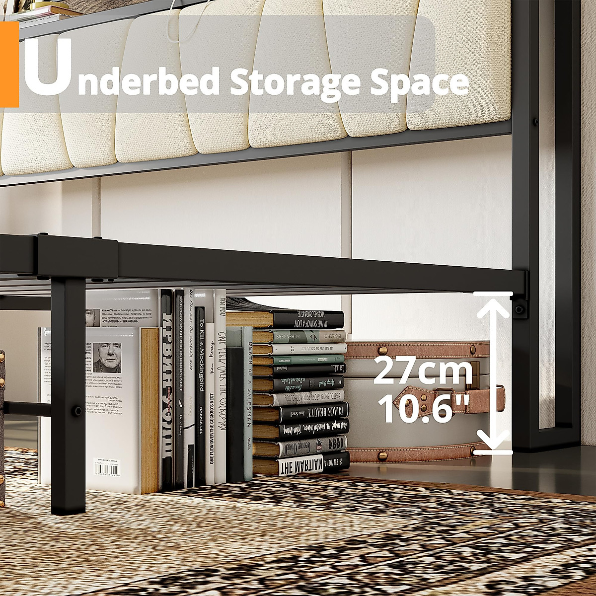 LIKIMIO Queen Bed Frame, Storage Headboard with Charging Station, Solid and Stable, Noise Free, No Box Spring Needed, Easy Assembly (Walnut and Beige)