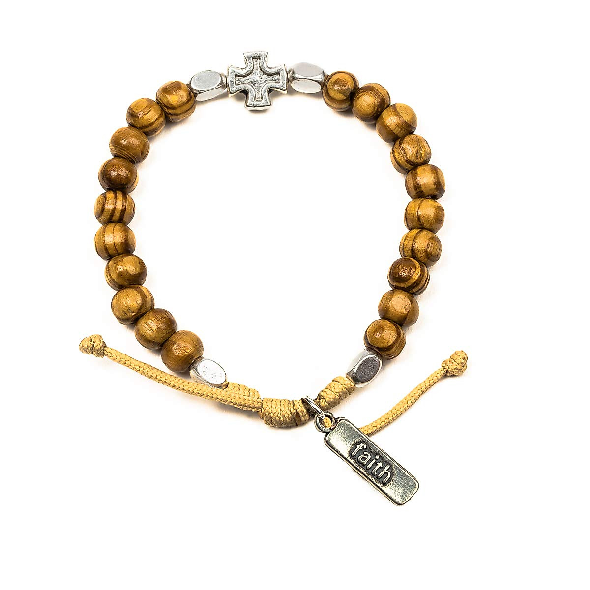My Saint My Hero Rooted in Faith Bracelet - handwoven with olive wood beads, silver plated cross at the center and "faith" tag at the back