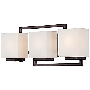 Possini Euro Design Lighting on The Square Modern Wall Mount Light Bronze Metal Hardwired 21" Wide 3-Light Fixture Geometric Opal Glass Shades for Bathroom Vanity Mirror House Home Room Decor