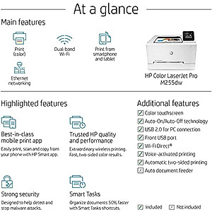HP Color Laserjet Pro M255dw Wireless Laser Printer, Auto 2-Sided Printing, Remote Mobile Print, 22 ppm, 250-Sheet, Compatible with Alexa, White - Bundle with JAWFOAL Printer Cable
