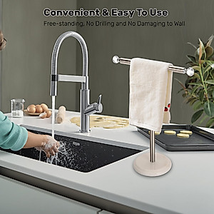 Noonext Hand Towel Holder Stand with Heavy Marble Base and Crystal Knobs, Countertop Towel Stand, T-Shape Hand Towel Rack Stand for Bathroom (Brushed Nickel)