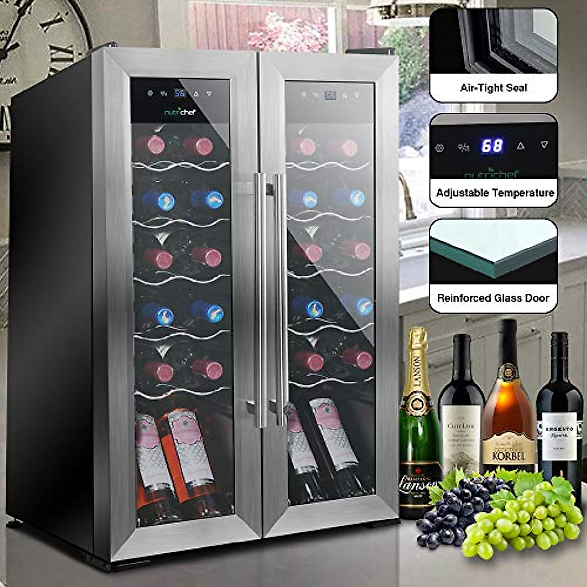 NutriChef PKCWC24 Cellar Cooler for White and Red Wines Chiller, 24 Bottle Dual Zone-Stainless Steel