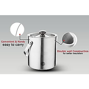 Ice Bucket With Lid, Insulated Black Ice Bucket for Cocktail Bar with Ice Tong, Double Walled Stainless Steel, 1.75 L, 1.84 Quarts, Ice Cold For 6 h with Handle (Silver)