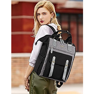 LOVEVOOK Laptop Backpack Women, Work Travel Laptop Backpack Purse for Women, Nurse Teacher Business Laptop Bag, Fashion College Backpack, Waterproof Wide Open Computer Back pack, 15.6 Inch, Black-Grey