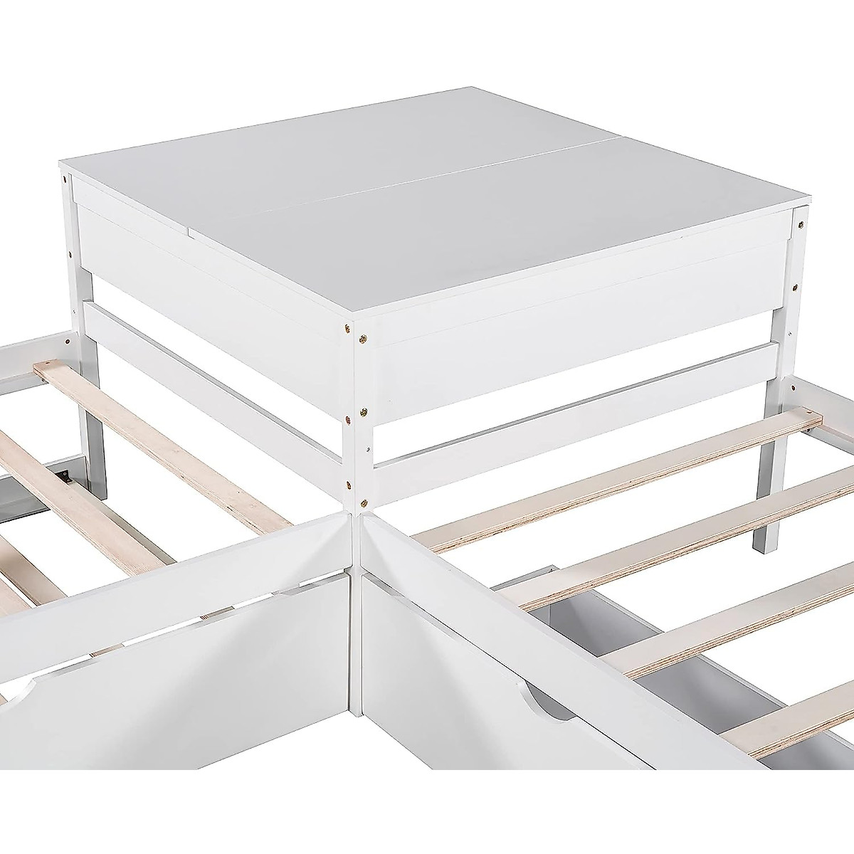 CITYLIGHT L-Shaped Platform Bed with Trundle and Drawers Linked with Built-in Desk, Wood Corner Bed with 3 Twin Beds for Kids Girls Boys Teens Bedroom (Twin,White)