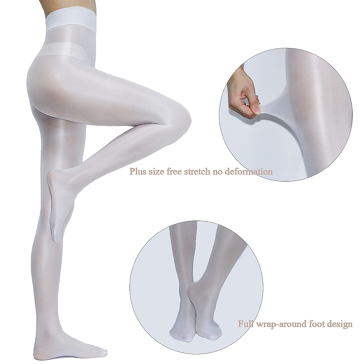 HTRUIYA Women's Oil Shiny Pantyhose High Stretch Dance Slik Tights High Waist Shimmer Pantyhose 60D White