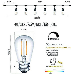 Svater 96FT Outdoor String Lights, Patio Lights with 30 2W Antique S14 LED Plastic Bulb, IP65 Waterproof Hanging Light, Dimmable Warm White(2Pack 48FT)