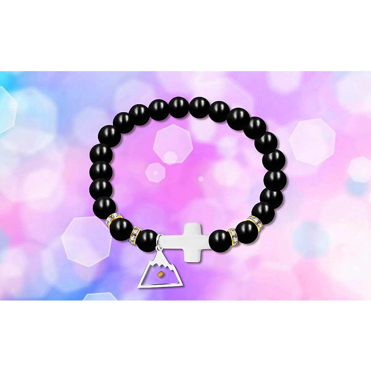Uloveido Synthetic White Agate Side Cross Bracelet, Black Onyx Beaded, Triangle Mountain Mustard Seed Charm Pendant Y944 (Triangle Mountain)