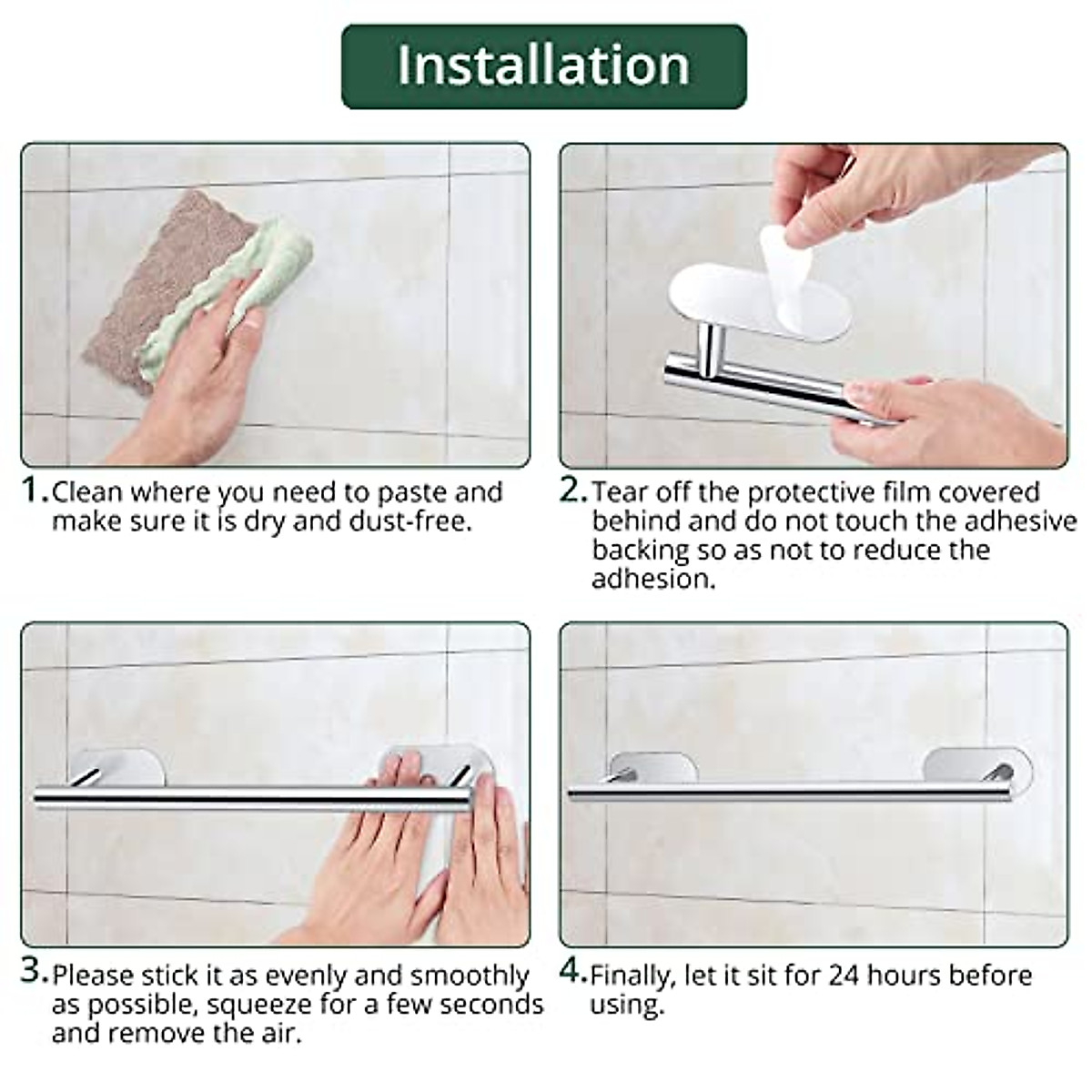 JiGiU Self Adhesive Towel Bar for Bathroom, 17inch/43cm Kitchen Stick on Towel Holder SUS304 Brushed Stainless Steel, Easy to Install No Drilling Bathroom Accessories Towel Rod