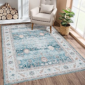 RUGSREAL Area Rug 6x9 Washable Rug Farmhouse Indoor Accent Rug Vintage Print Distressed Carpet Non Slip Boho Farmhouse Indoor Floor Cover for Living Room Bedroom, 6'x9', Blue