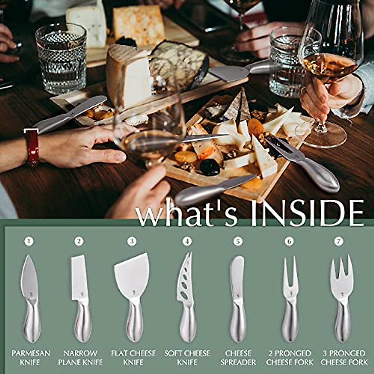 Soulhand 7-Piece Cheese Knife Set – Mini Stainless Steel Cheese Knives, Spreader, Forks for Hard, Soft and Creamy Cheese, Essential Short Handle Cheese Knives Set with Gift Box