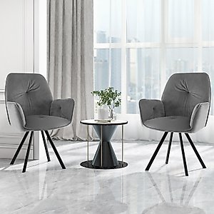 Giantex Upholstered Swivel Velvet Accent Chair Set of 2, Desk Chair No Wheels, Max Load 300 Lbs, Velvet Tufted Swivel Armchair with Metal Legs for Living Room Small Space Home Office Study (Gray)