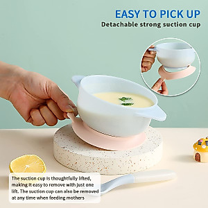 Kyraton Baby Bowls, Suction Bowls For Baby With Straw And Spoons, Unbreakable And Reusable Light Weight Bowl Be Used For Milk, Soup Or Ice Cream, Slip Resistant and Durable (Light blue)