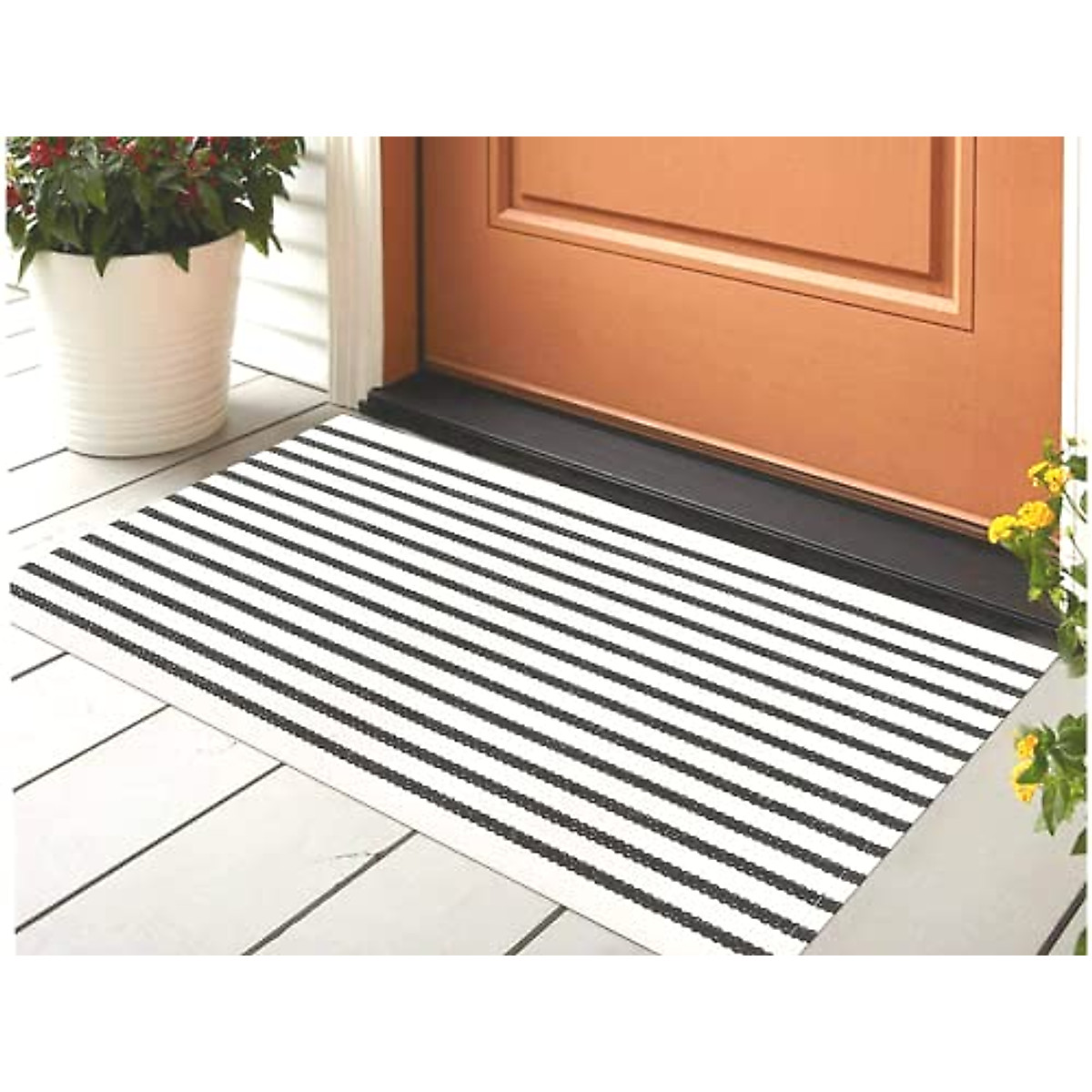 Breezsisan Black and White Kitchen Rugs, Striped Cotton Woven Bath Carpet 2 Piece 2'x3' + 2' x 4.3' Thin Outdoor Rugs Layering Front Doormat Modern Rugs for Porch Patio Entryway & Welcome Mat.