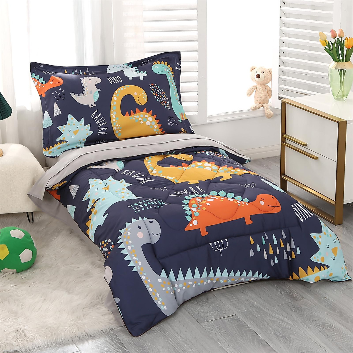 Wowelife Toddler Bedding Sets for Boys, Premium 4 Piece Dinosaur Toddler Comforter Set, Blue Grey Toddler Bed Set, Super Soft and Comfortable for Toddler(Dark Blue)