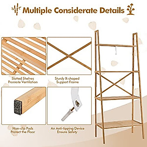 Tangkula 4 Tier Bamboo Ladder Bookshelf, Freestanding Plant Display Stand w/Anti-Tipping Device, Multifunctional Storage Shelves Rack for Home Office Living Room Bedroom Study Hallway (Natural)