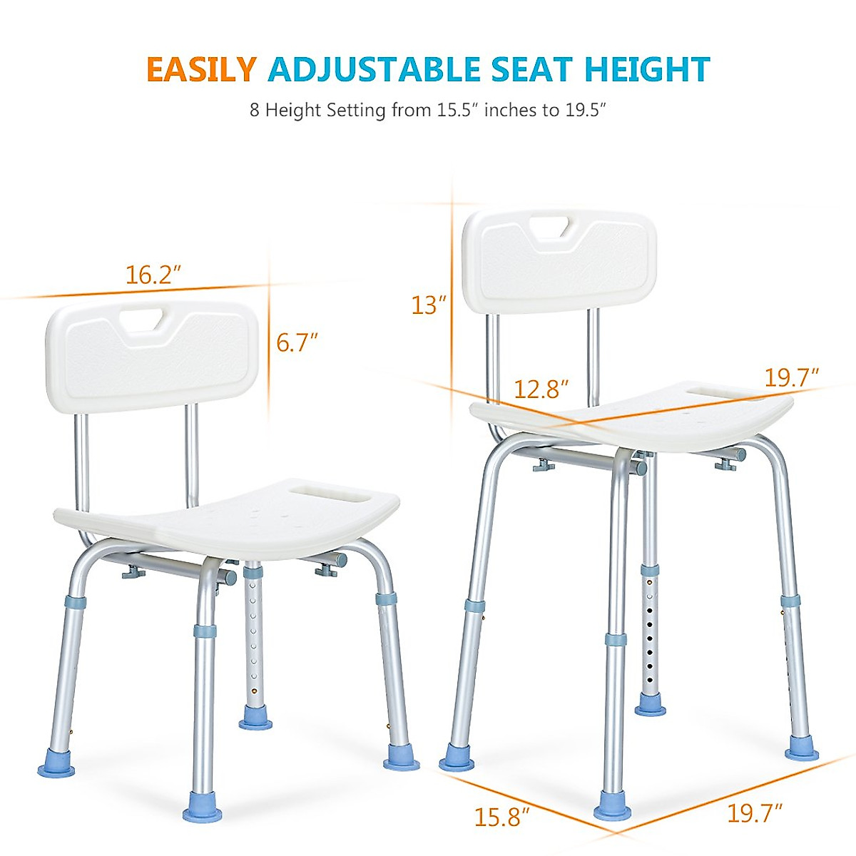 OasisSpace Shower Chair with Back, Heavy Duty Adjustable Shower Seat Stool - Medical Tool Free Anti-Slip Bathtub Seat Bench Lightweight and Durable for Elderly, Senior, Handicap, Disabled