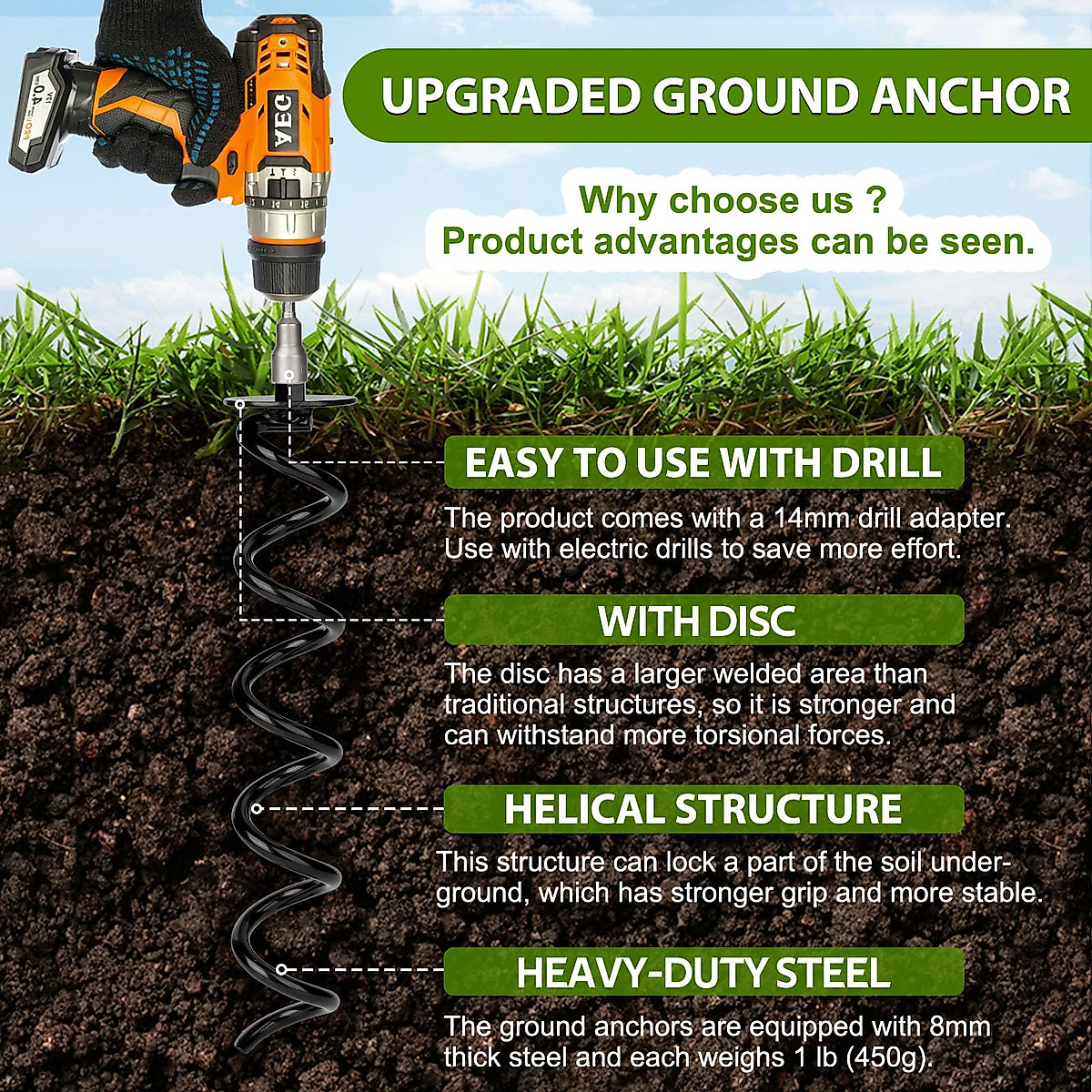 IMMERROT 6 PCS 15.3 Inch Ground Anchors Heavy Duty for High Winds Screw in Earth Anchor Swing Set Spiral Auger Stakes Suitable for Tent Trampoline Tree Garden Fence Sheds Swingset, Easy Use with Drill