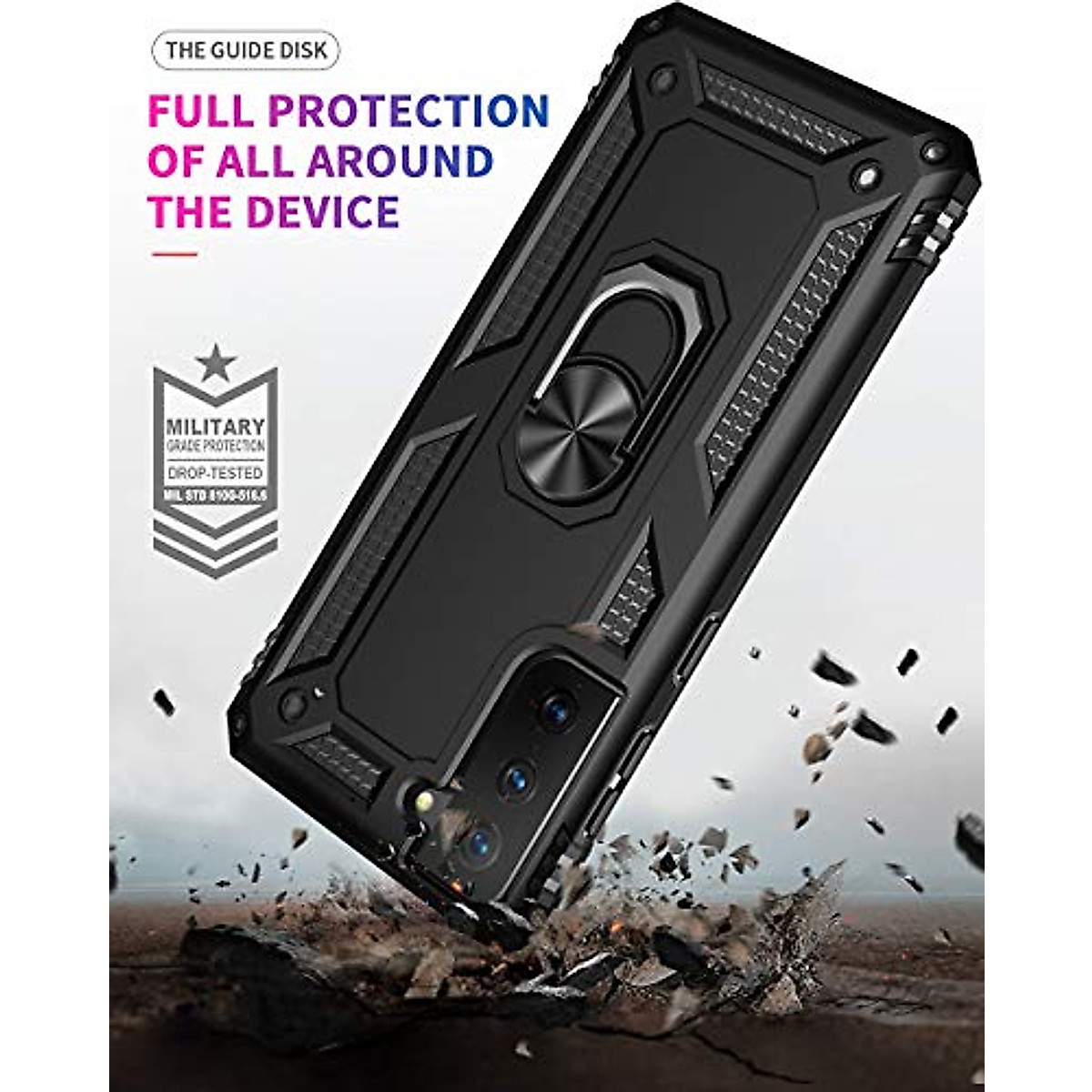 Military Grade Drop Impact for Samsung Galaxy S21 Plus Case Galaxy S21 Plus 5G Case 360 Metal Rotating Ring Kickstand Holder Armor Heavy Duty Shockproof Case for Galaxy S21 Plus Phone Case (Black)