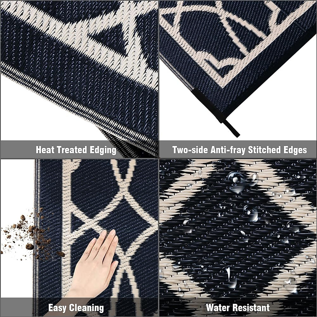 Pendolr Reversible Mats - Outdoor Rugs 9'x12' for Patios Clearance, Plastic Straw Rugs Waterproof, Portable, Outdoor RV Camping Rug, Garden, Balcony, Picnic, Beach, Camping(Black & Beige)