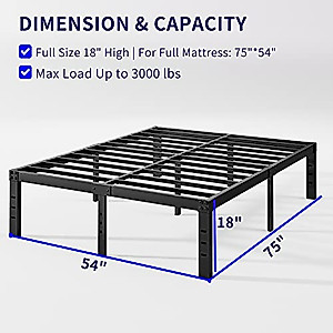 Neslime 18 Inch Full Size Bed Frame No Box Spring Needed, Heavy Duty Metal Platform Bed Frame Full for Heavy People, Easy Assembly, Noise Free, Black