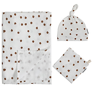 Baby Swaddle Blankets Set with Matching Hat and Drool Cloth Organic Cotton Muslin Blanket Soft Newborn Wrap Receive Blanket Photography Prop Large 47 * 47 Shower Gifts for Boys Girls (Goose)