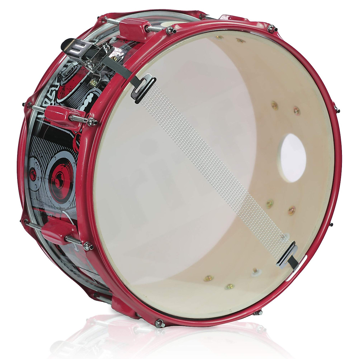 GRIFFIN Snare Drum Birch Wood Shell 14 X 6.5 Inch | Oversize 2.5" Large Vents & Custom Graphic Wrap (Limited Edition) | Red Hardware & Marching Drummers Key for Students & Pros | 8 Metal Tuning Lugs