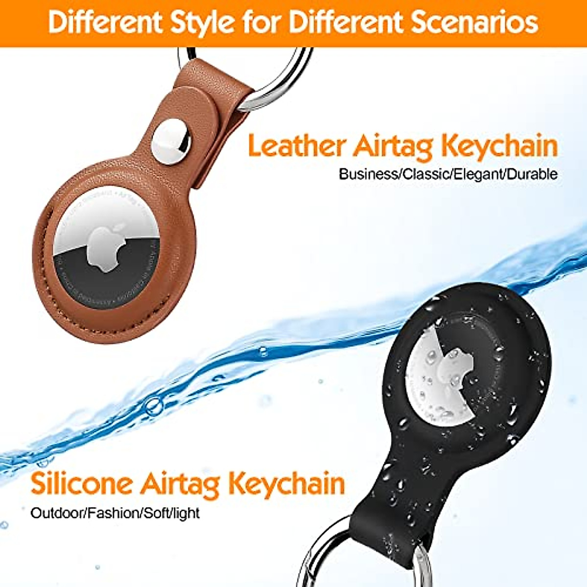 Geemik Airtag Holder -4 Pack, 2 Leather Airtag Keychain & 2 Light Silicone Airtag Case, Apple AirTags Protective Case Accessories with Key Ring for Wallet,Luggage,Cat,Dog,Pets