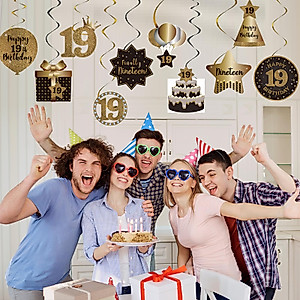 Happy 19th Birthday Party Hanging Swirls Streams Ceiling Decorations, Celebration 19 Foil Hanging Swirls with Cutouts for 19 Years Old Black and Gold Birthday Party Decorations Supplies