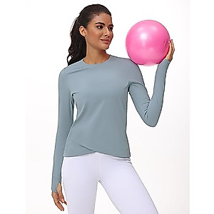 Women's Long Sleeve Compression Shirts Workout Tops Cross Hem Athletic Running Yoga T-Shirts with Thumb Hole Denim Blue
