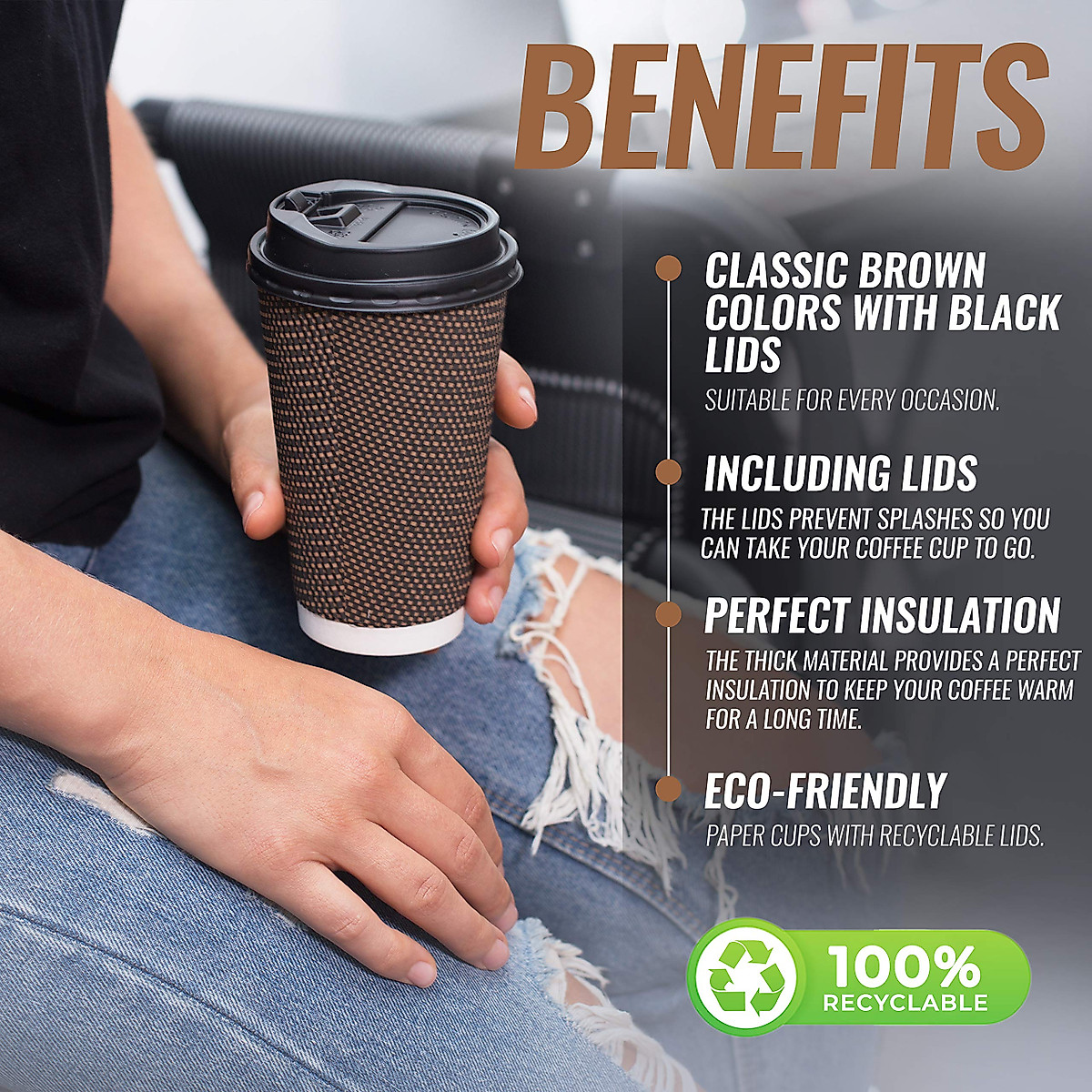 Promora Brown Disposable Coffee Cups With Lids 16 oz, Premium Insulated Paper Ripple Cups for Hot Coffee, Paper Cups 16 oz Coffee Cups 16 oz, Hot Cups With Lids 16 oz, Paper Coffee Cups (80 Pack)