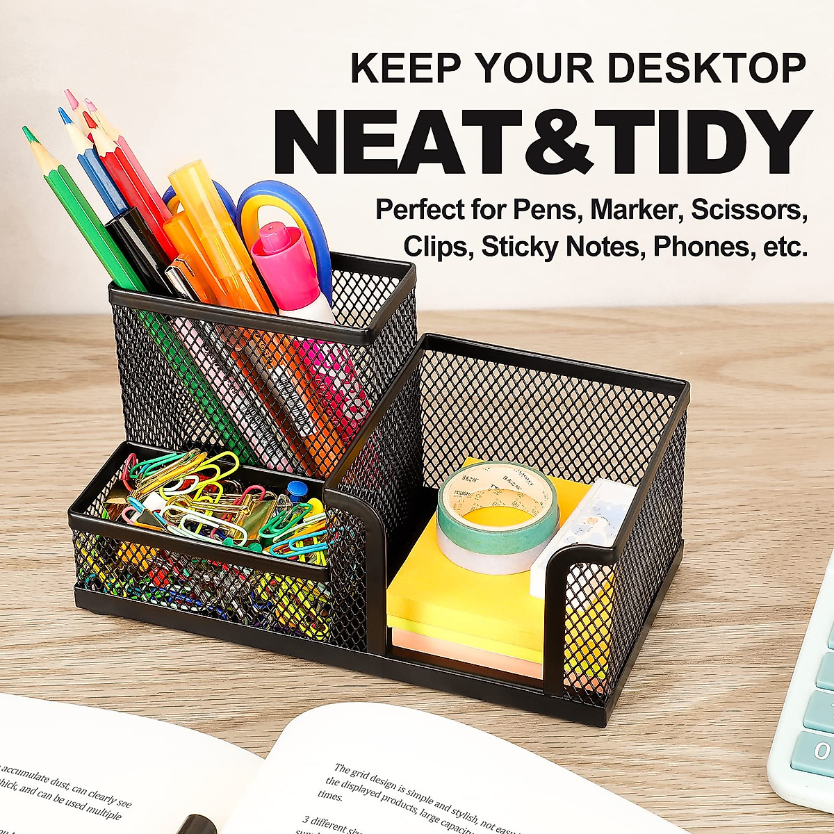 MaxGear Mesh Pen Holder for Desk Pencil Holder Desk Organizer 3 Compartments, Office Supplies Pen Organizer Desk Caddy Desktop Storage Stationary Organizer, Office Desk Accessories School, Black